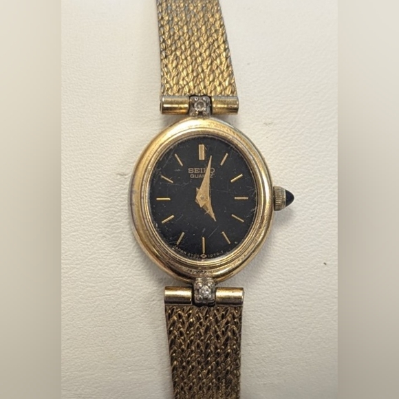 Seiko | Accessories | Working Vintage Seiko Womens Gold Tone Diamond Accent Black Dial Watch ...